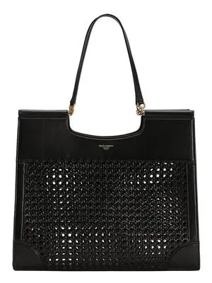 Dolce & Gabbana Shopping Sicily Straw And Calfskin Weave Bag - Black