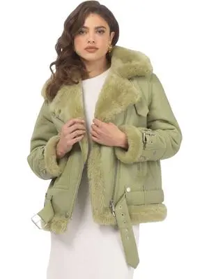 Gorski Genuine Shearling Moto Zip Jacket - Light Green