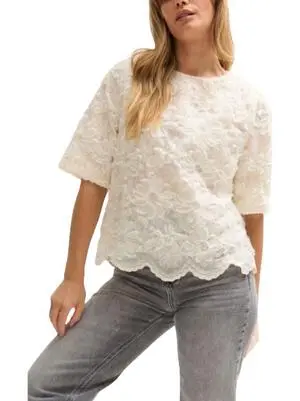 LILY AND LIONEL Lotus Ribbon Work Scallop Hem Top - Natural