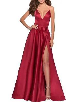 La Femme V-neck Satin Gown With Criss-cross Back - Deep Red