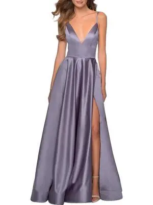 LABOMME V-neck Satin Gown With Criss-cross Back - Lavender/gray
