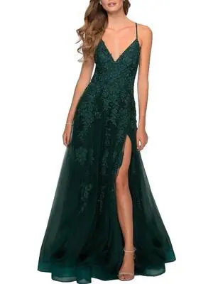 LABOMME Tulle Ball Gown With Floral Appliques - Dark Emerald