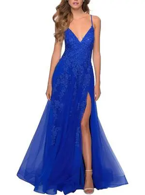 LABOMME Tulle Ball Gown With Floral Appliques - Royal Blue