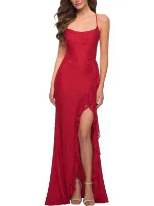 LABOMME Stretch Lace Gown With Strappy Back And Slit - Red