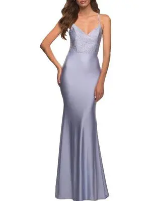 LABOMME Jersey Gown With Rhinestone Beaded Top - Light Periwinkle