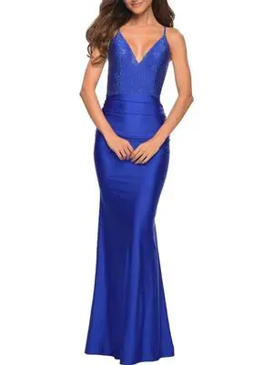 LABOMME Jersey Gown With Rhinestone Beaded Top - Royal Blue