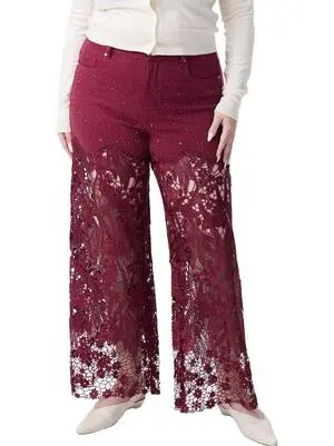 BAYEAS Crystal Embellished Lace Wide Leg Jeans Wine