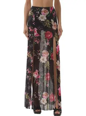 AFRM Batien Printed Mesh Maxi Skirt - Noir Summer Rose