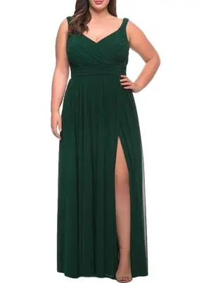 LABOMME Net Jersey Long Gown With Slit Emerald