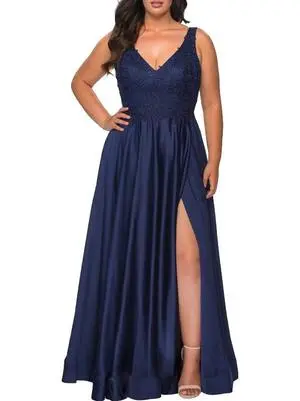 La Femme A-line Dress With Rhinestone Lace Bodice - Navy