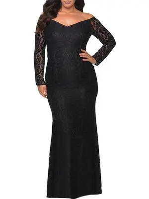 La Femme Lace Off-the-shoulder Long Sleeve Dress With Rhinestone Detailing - Black
