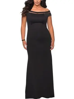 La Femme Off-the-shoulder Gown With Sheer Neckline Detail - Black