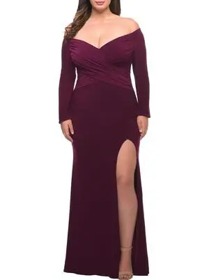 LABOMME Long Sleeve Off-the-shoulder Gown - Dark Berry