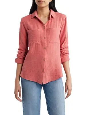 BEACHLUNCHLOUNGE Micaela Cotton Button-Up Shirt Cayenne