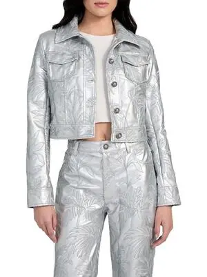 Guess Embroidered Faux Leather Jacket - Silver