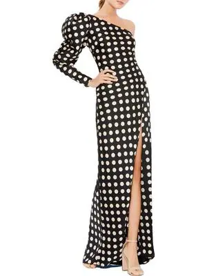 Mac Duggal One-shoulder Polka Dot Gown - Black White