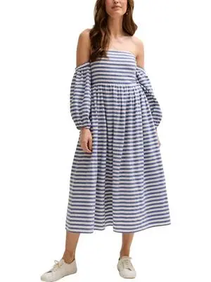 LILY AND LIONEL Sara Bardot Neck Midi Dress - Navy