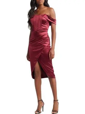 EMERALD SUNDAE Off-the-shoulder Satin Midi Dress - Wine
