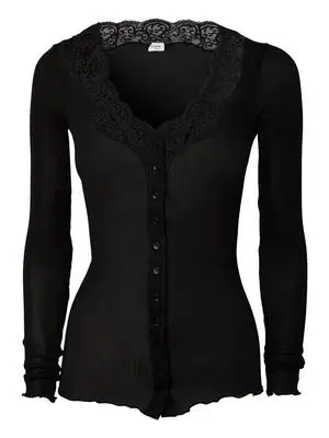Saint Laurent Lace-trimmed Ribbed Silk-jersey Cardigan - Black