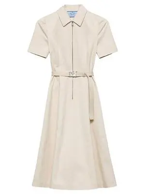 Prada Logo-belt A-line Cotton Chino Midi Dress - Neutral