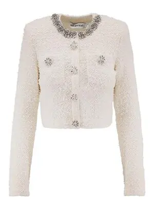 SELF-PORTRAIT Cotton-blend Cardigan With Rhinestones - White