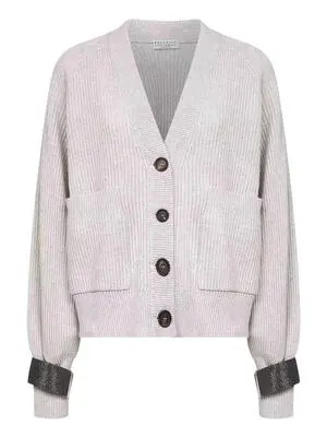 Brunello Cucinelli Embroidered-cuff Button Cardigan - Grey