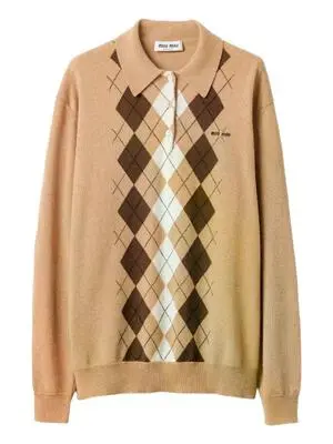Miu Miu Argyle Three-button Polo Sweater - Brown