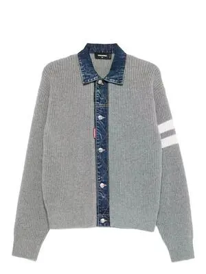 Dsquared2 Ribbed Knit Cardigan With Denim Panel - Grey
