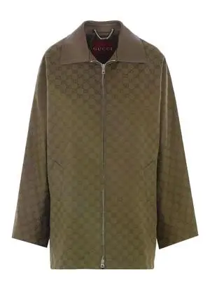 Gucci Gg Monogram Leather-collar Coat - Green