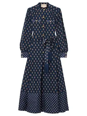 Valentino Garavani Fringed Belted Printed Silk-satin Midi Shirt Dress - Blue