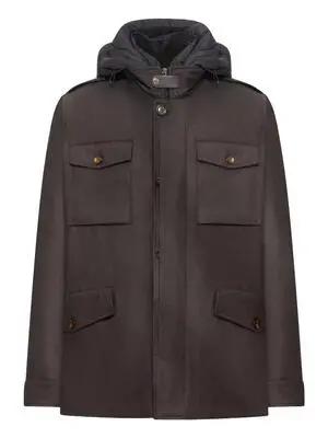MOORER Hooded Buttoned Coat - Brown