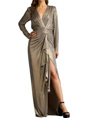 Tadashi Shoji Pomona Metallic Waterfall Flounce Gown - Smoke Pearl