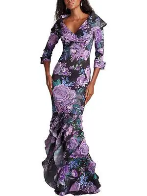 Tadashi Shoji Blythe Floral Portrait Collar Gown - Black/purple And Green