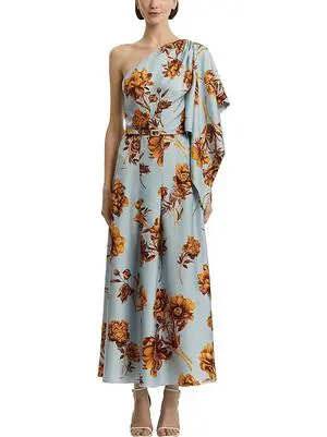 Oscar De La Renta One-shoulder Silk Drape Dress - Brown/ice Blue