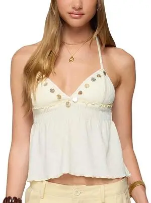 EDIKTED Textured Iridescent Babydoll Halter Top - Cream