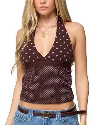 EDIKTED Polka Dot Halter Top - Brown