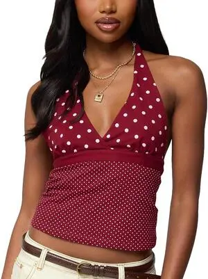 EDIKTED Polka Dot Halter Top - Burgundy