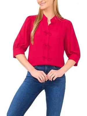 CECE DUPRAZ Puff Sleeve Bow Placket Blouse - Rose Cerise