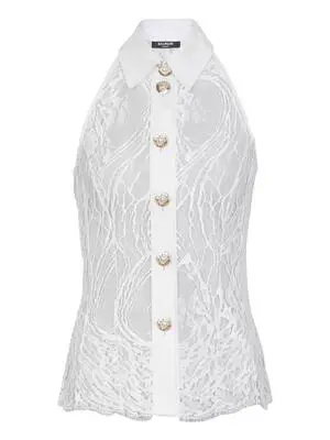 Balmain Lace Halterneck Buttoned Top - White