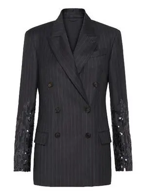 Brunello Cucinelli Virgin Wool Chalk Stripe Twill Blazer With Embroidery - Lignite Grey