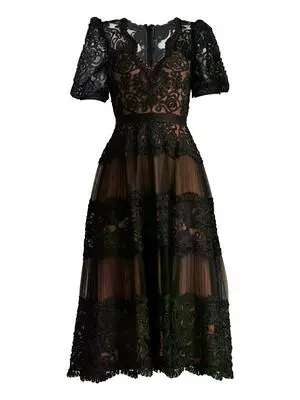 Tadashi Shoji Belline Puff-sleeve Embroidered Dress - Black