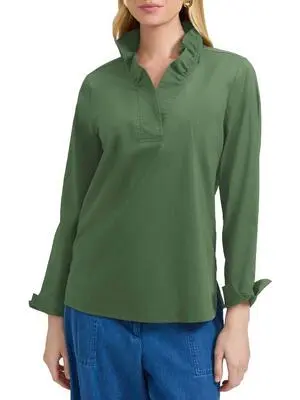 Foxcroft Tammy Ruffle Collar Cotton-Blend Top Basil