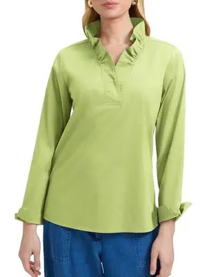 Foxcroft Tammy Ruffle Collar Cotton-Blend Top Celery