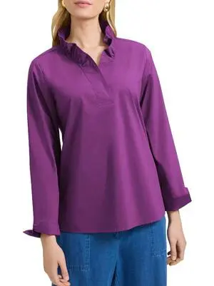 Foxcroft Tammy Ruffle Collar Cotton-blend Top - Fig