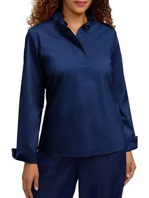 Foxcroft Tammy Ruffle Collar Cotton-blend Top - Navy Blue