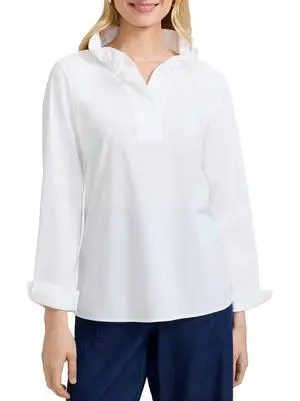 Foxcroft Tammy Ruffle Collar Cotton-blend Top - White