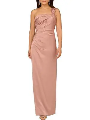 Adrianna Papell One-shoulder Crepe Back Satin Gown - Warm Cameo
