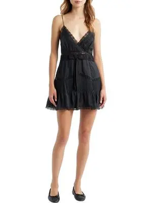 LoveShackFancy Sibelle Pleated Bodice Lace Inset Silk Minidress - Black