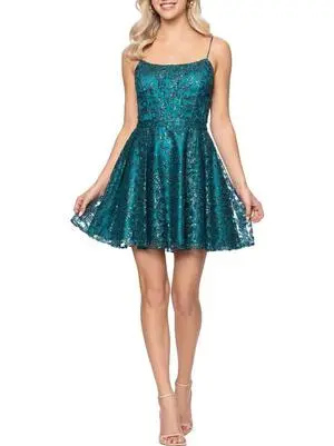 BLONDIE NITES Lace-up Fit & Flare Mini Dress - Teal