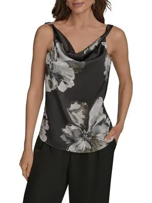 Donna Karan New York Printed Cowl Neck Charmeuse Top - Blk Multi